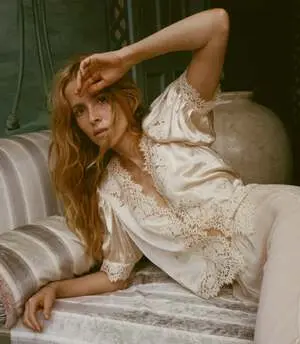 DÔEN Idella Silk Satin Top With Lace Trim