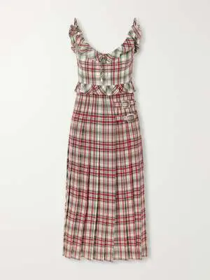 Alessandra Rich Pleated Checked Ruffled Silk-crepe De Chine Midi Dress
