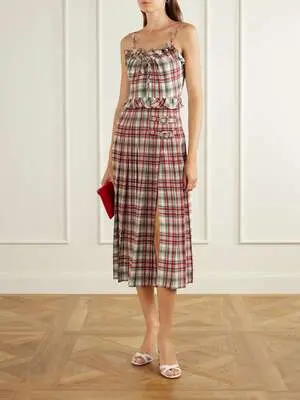 Alessandra Rich Pleated Checked Ruffled Silk-crepe De Chine Midi Dress