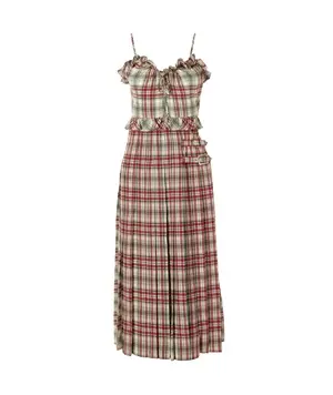 Alessandra Rich Pleated Checked Ruffled Silk-crepe De Chine Midi Dress - Green
