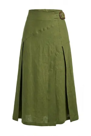 EXQUISE Burnice Buckle Detail Linen Midi Skirt Khaki - Green