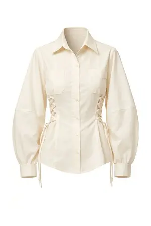 EXQUISE Fitted Waist Balloon Sleeve Shirt - White