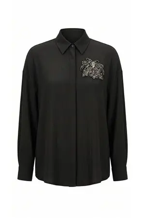 EXQUISE Collared Long Sleeve Embroidered Crinkle Shirt