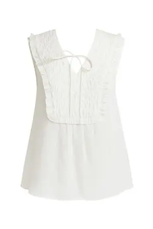 EXQUISE Sleeveless V-neck Linen Blouse With Ruffle Trim