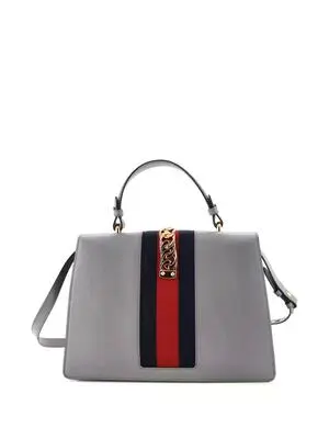 Gucci Sylvie Top Handle Bag Embroidered Leather Medium Satchel - Grey