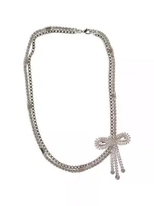 Alessandra Rich Crystal Embellished Bow Motif Necklace - Silver