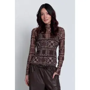 Central Park West Wren Sheer Bandana Print Turtleneck Top - Chocolate Combo