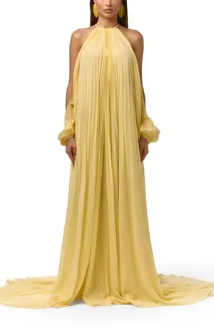 Naked Wardrobe Pleated Chiffon Halter Maxi Dress - Lemonade