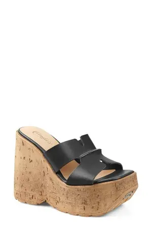 CANDIE'S Marabelle Platform Wedge Slide Sandal - Black Leather