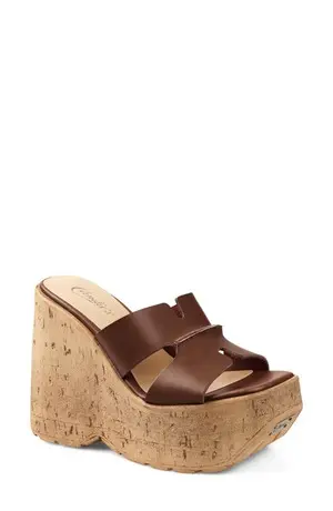CANDIE'S Marabelle Platform Wedge Slide Sandal - Brown Leather