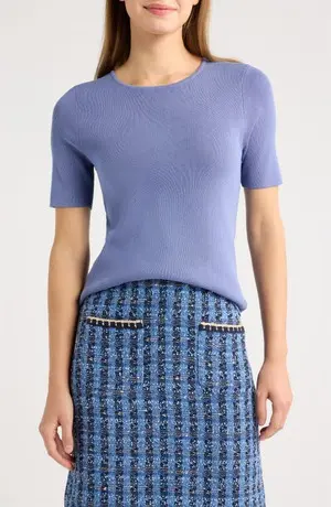 TAHARI ASL Short Sleeve Ribbed Sweater - Blue Frost