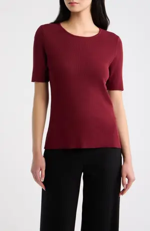 TAHARI ASL Short Sleeve Ribbed Sweater - Cranberry