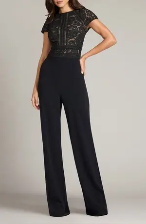 Tadashi Shoji Lace Top Wide Leg Jumpsuit - Black/nude