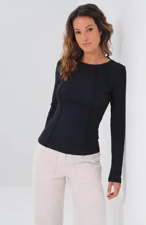 Anatomie Long Sleeve Celeste Rib Top With Seam Shaping - Black