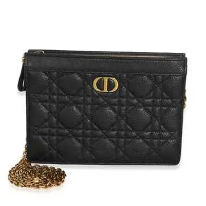 Dior Calfskin Cannage Caro Zipped Pouch With Chain - Black