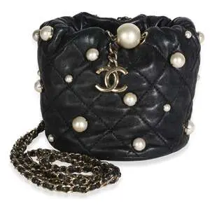 Chanel Quilted Lambskin Pearl Embellished Drawstring Bucket Bag - Black