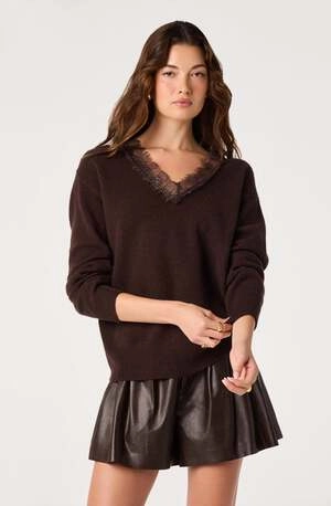 Astr The Label Jadyn Lace-trim V-neck Sweater - Brown