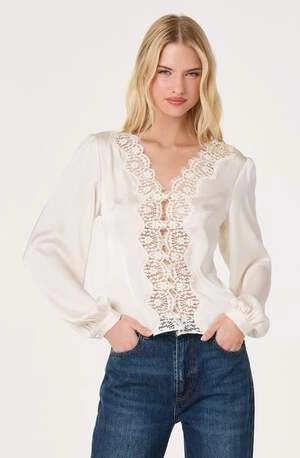 Astr The Label Benoîte Lace Trim Satin Blouse