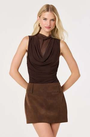 Astr The Label Shaina Layered Mesh Cowl Neck Top - Brown