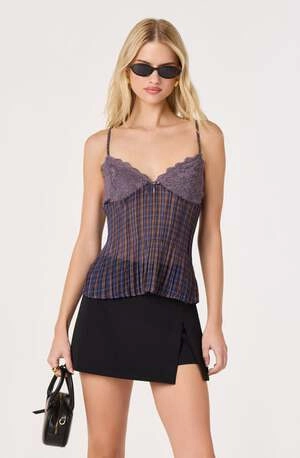Astr The Label Haleigh Plaid Mesh Top - Blue Plaid Multi