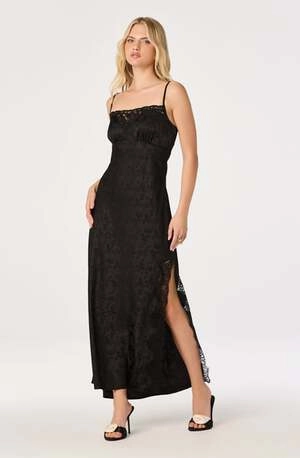 Astr The Label Kristian Jacquard Maxi Dress With Lace Trim And Slit - Black