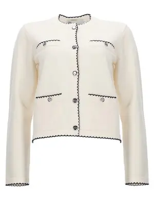 Tory Burch Cardigan "kendra" In Lana Con Bordi Smerlati - Ivory
