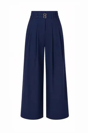 EXQUISE Mckenna Belted High Waisted Pleated Pants Navy - Blue