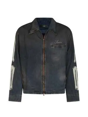Amiri Distressed Denim Jacket With Bone Patch And Zip Pockets