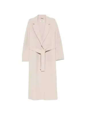Max Mara Hand-sewn Double-drap Pure Virgin Wool Robe Jacket With Small Lapel Collar And Belt - Beige
