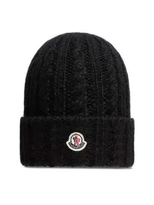 Moncler Wool, Nylon & Alpaca Cable & Rib Knit Logo Patch Beanie - Nero