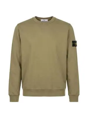 Stone Island Inspired Cotton Fleece Crewneck Sweatshirt With Sleeve Badge - Verde