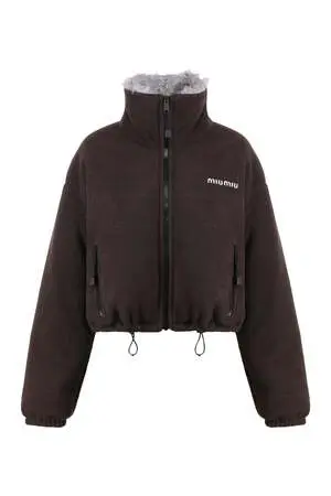 Miu Miu Chocolate Pile Down Jacket With Stand Collar - Brown