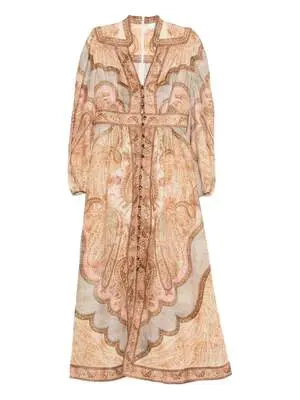 Zimmermann Deep V-neck Rouleau-button Linen Mini Dress With Gathered Waist - Marrone