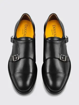 DOUCAL'S Double Monk Strap Dress Shoes In Smooth Calfskin Leather - Black