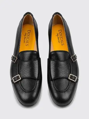 DOUCAL'S Deerskin Double Monk Strap Shoes With Raised Moc-toe - Black