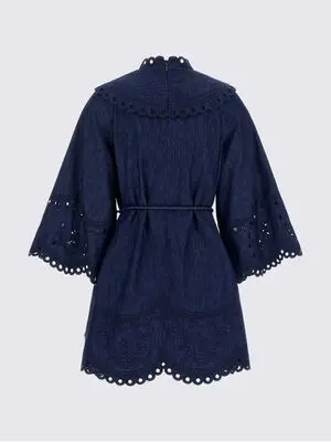 Zimmermann Mahon Denim Mini Dress With Kimono Sleeves And Lace