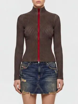 DIESEL® Slim Fit Ribbed Viscose Turtleneck Cardigan With Zip Closure - Brown