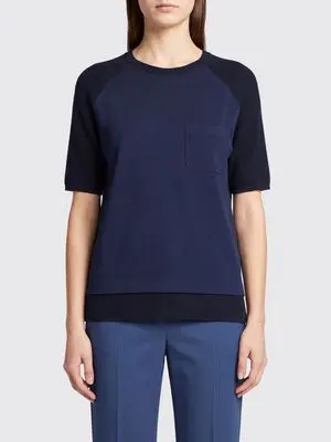 Max Mara Silk And Cashmere Crewneck T-shirt With Patch Pocket Blue