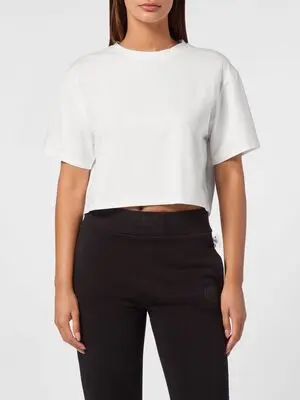 PLEIN SPORT Crewneck Cotton Jersey T-shirt With Dropped Shoulders - White