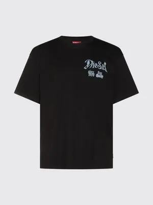 DIESEL® Relaxed Fit Cotton T-shirt With Graphic Print And Flocked Logo - Black