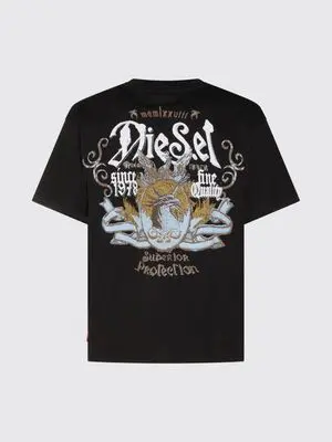 DIESEL® Relaxed Fit Cotton T-shirt With Graphic Print And Flocked Logo - Black