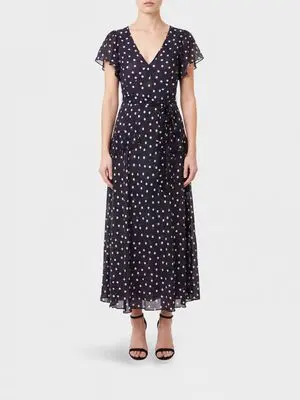 Rixo Polka-dot Silk Flared Midi Dress With Waist Tie - Blue