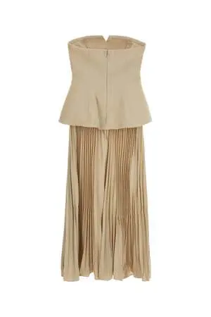 SELF-PORTRAIT Beige Stretch Gabardine Dress With Pleated Skirt