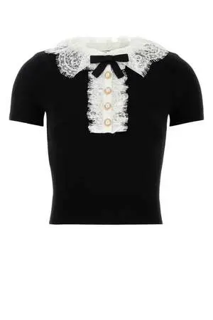 SELF-PORTRAIT Wool Top With Lace Collar And Bow Detail