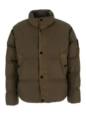 Stone Island Green High Collar Jacket With Logo Patch On Sleeve In Tech Fabric For - Multicolor