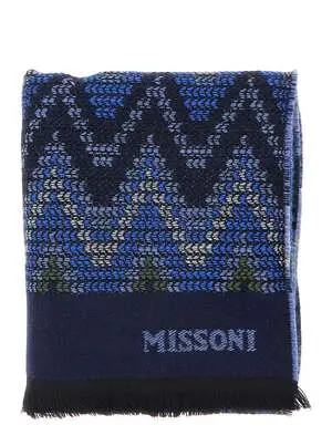 Missoni Blue Scarf With All-over Zig Zag Motif And Logo Lettering In Wool For - Multicolor