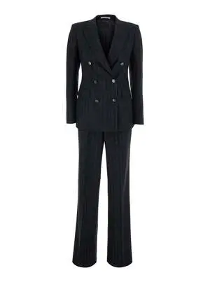 Tagliatore Grey Double-breasted Suit With All-over Stripes Motif In Wool Blend For - Gray