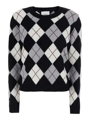 LISA YANG Antoni Argyle Sweater With V-neck And Long Sleeves In Black And White Cashmere - Multicolor