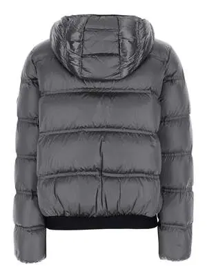 Moncler Gray Tech Fabric Down Jacket With Hood And Logo Patch - Multicolor