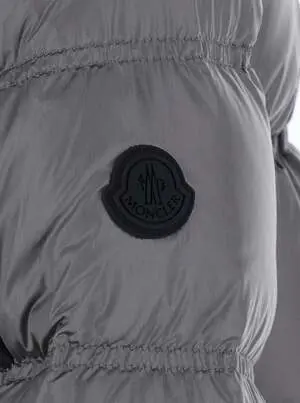 Moncler Gray Tech Fabric Down Jacket With Hood And Logo Patch - Multicolor